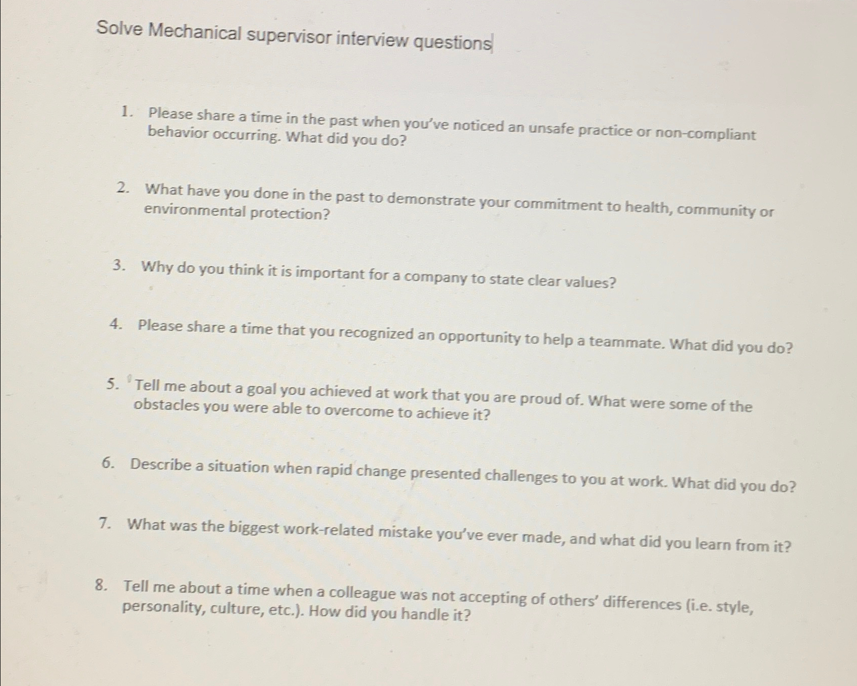 Solved Solve Mechanical supervisor interview questionsPlease | Chegg.com