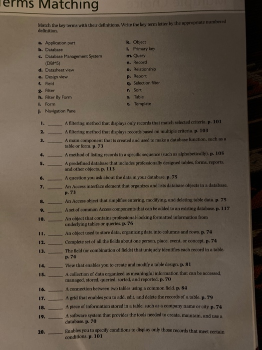 Solved Terms Matching Match the key terms with their | Chegg.com