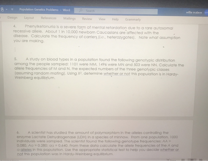 Solved 8 = Population Genetics Problems - Word Search willie | Chegg.com