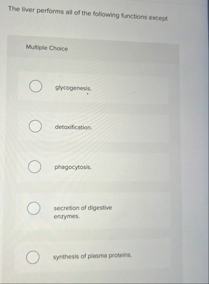 Solved The liver performs all of the following functions | Chegg.com