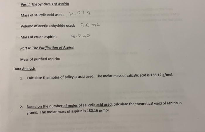 Solved Part 1: The Synthesis of Aspirin Mass of salicylic | Chegg.com