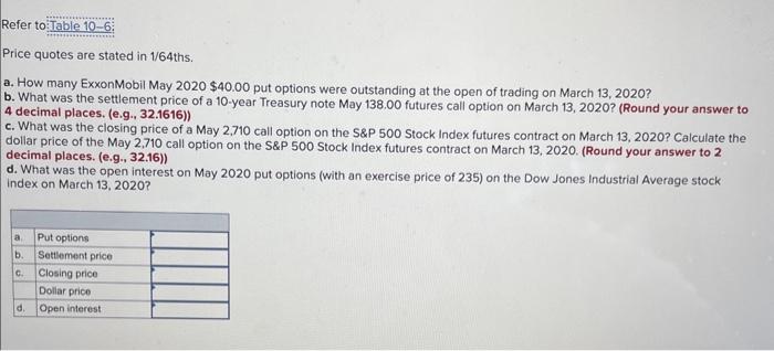 TABLE 10-6 Option Guotes, March 13, 2020Refer | Chegg.com