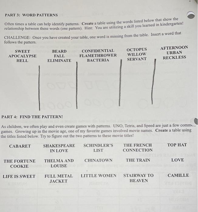 PART 3: WORD PATTERNS Often times a table can help | Chegg.com