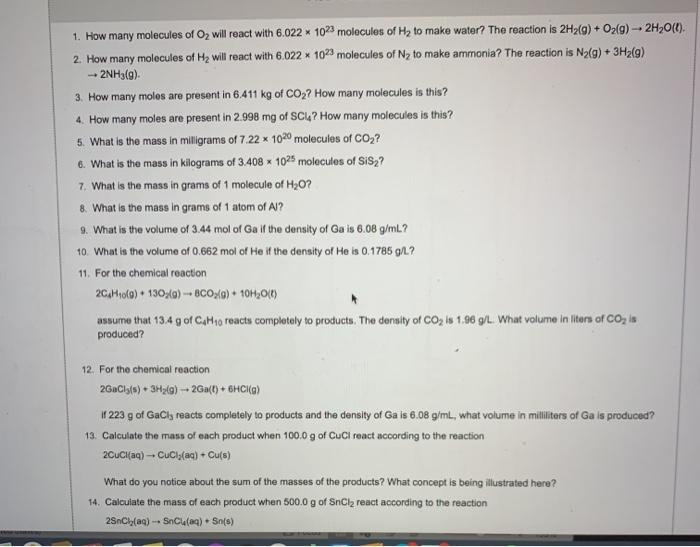 Solved 1. How many molecules of O2 will react with 6.022 * | Chegg.com