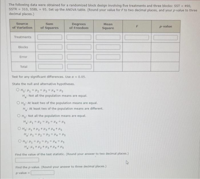 Solved The following data were obtained for a randomized | Chegg.com