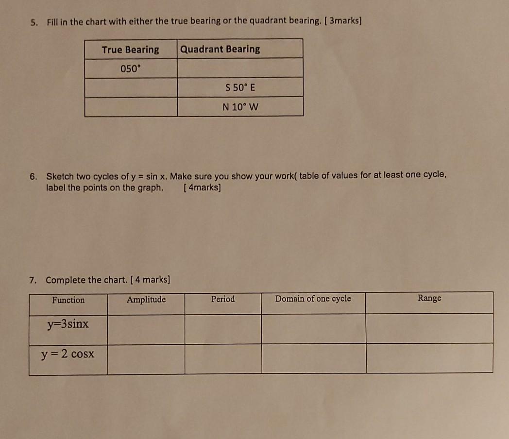 Solved 5. Fill in the chart with either the true bearing or | Chegg.com