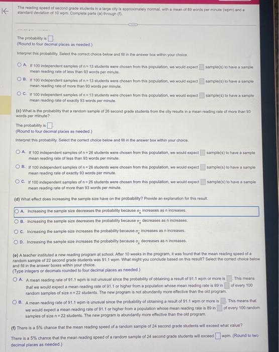 Solved The reading speed of second grade students in a large | Chegg.com