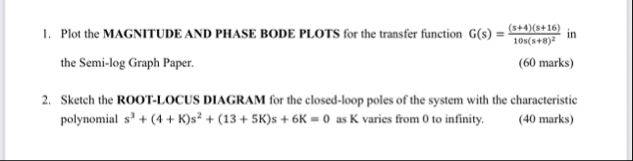 Solved Plot the MAGNITUDE AND PHASE BODE PLOTS for the | Chegg.com