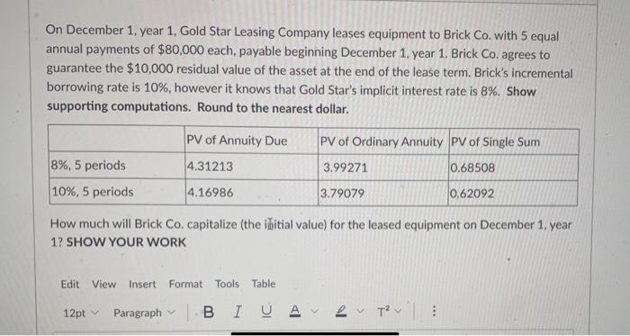 Solved On December 1, year 1, Gold Star Leasing Company | Chegg.com