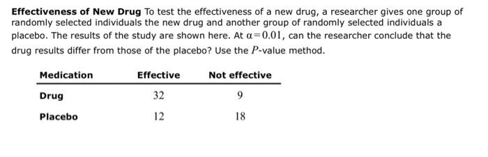 Solved Effectiveness of New Drug To test the effectiveness | Chegg.com