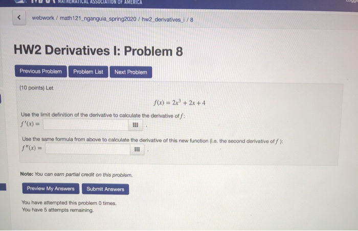 Solved WUU MATHEMATICAL ASSOCIATION OF AMERICA webwork / | Chegg.com