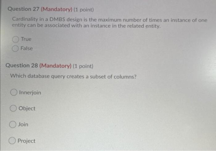 Solved Question 27 (Mandatory) (1 point) Cardinality in a | Chegg.com
