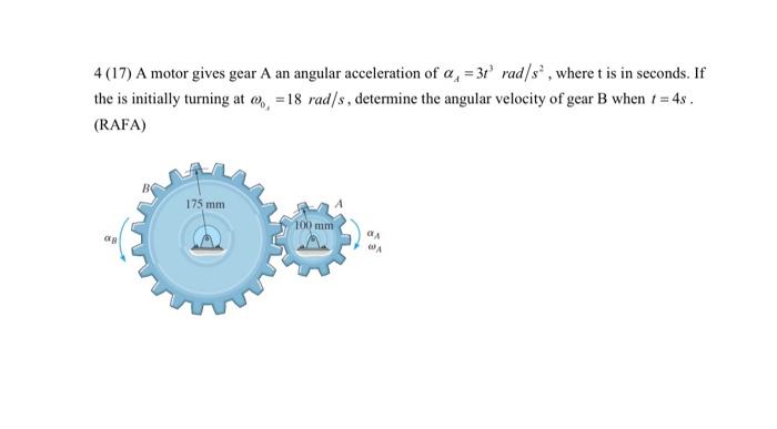 Solved 4 (17) A motor gives gear A an angular acceleration | Chegg.com