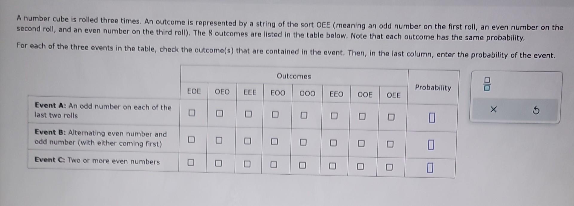 Solved A number cube is rolled three times. An outcome is | Chegg.com