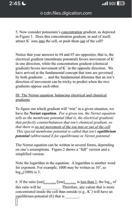 Solved 5. Now consider potassium's concentration gradient, | Chegg.com