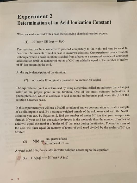 Solved Experiment 2 Determination of an Acid Ionization | Chegg.com