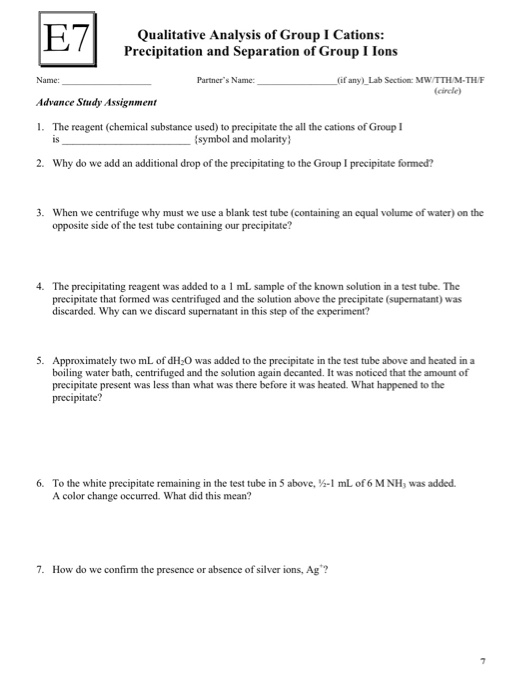Solved Qualitative Analysis of Group I Cations: | Chegg.com