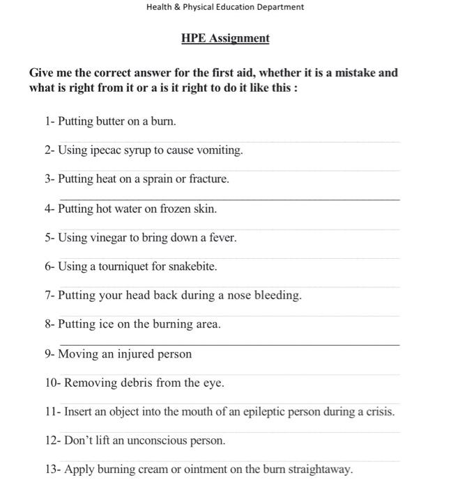 Solved Health & Physical Education Department HPE Assignment | Chegg.com