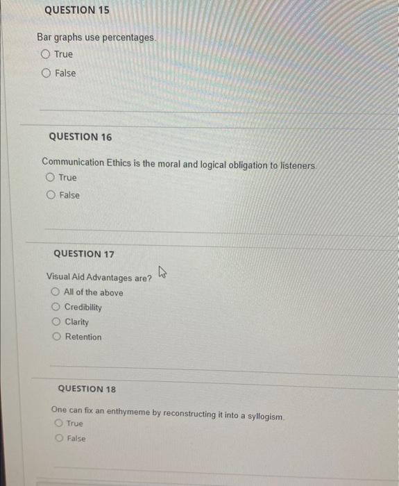 QUESTION 15 Bar graphs use percentages True False | Chegg.com