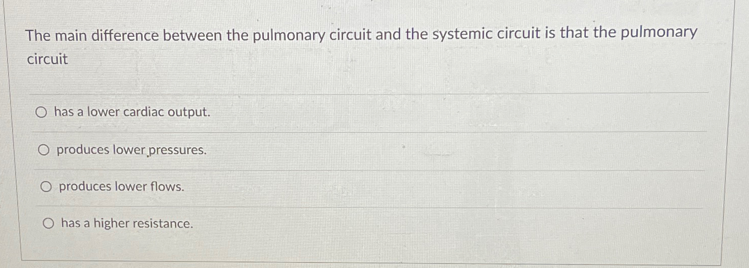 Solved The main difference between the pulmonary circuit and | Chegg.com