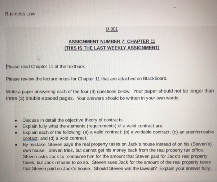 Solved Business Law U 301 ASSIGNMENT NUMBER 7: CHAPTER 11 | Chegg.com