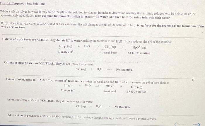 Solved The pH of Aqueous Salt Solutions When a salt | Chegg.com