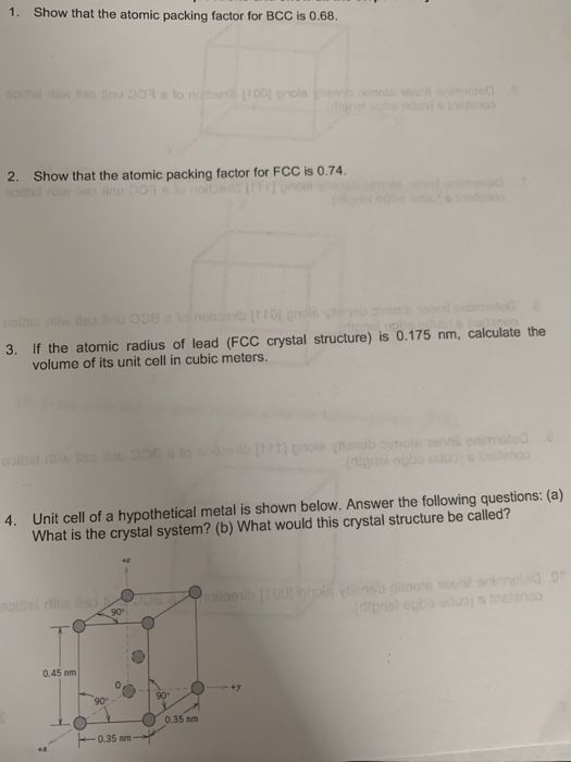 Solved 1. Show that the atomic packing factor for BCC is | Chegg.com