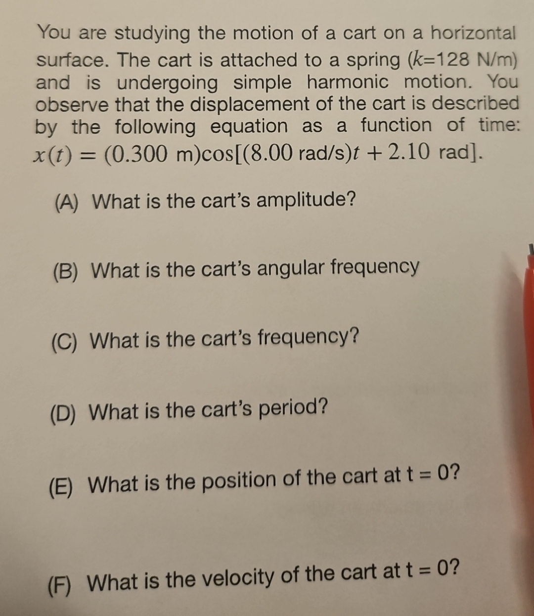 Solved You are studying the motion of a cart on a horizontal | Chegg.com