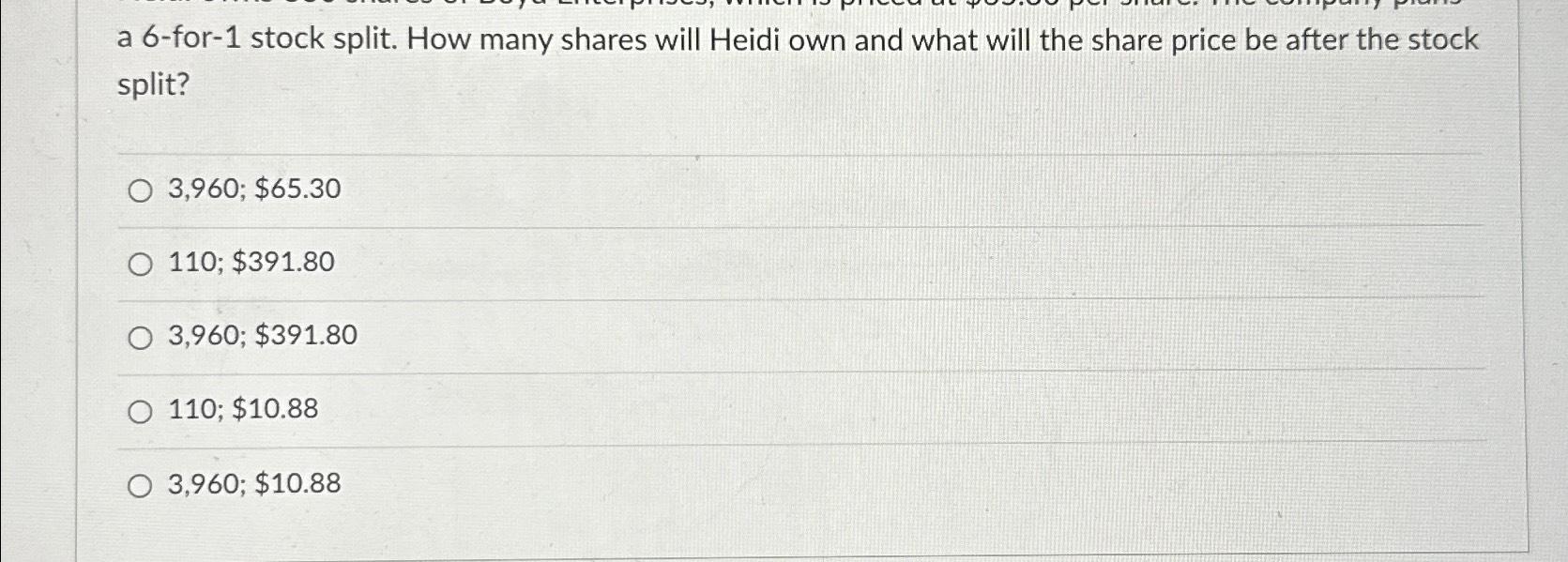Solved a 6-for-1 ﻿stock split. How many shares will Heidi | Chegg.com