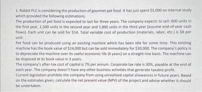 Solved 1. Rabbit PLC is considering the production of | Chegg.com