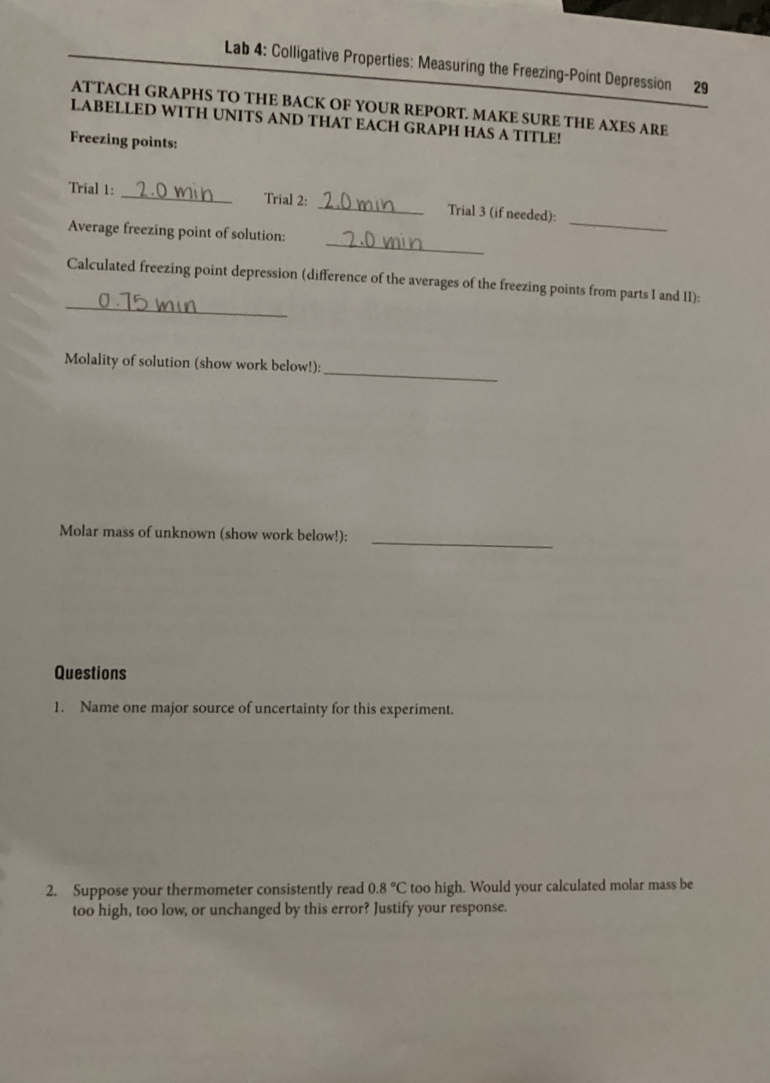 Solved Lab 4: Colligative Properties: Measuring the | Chegg.com