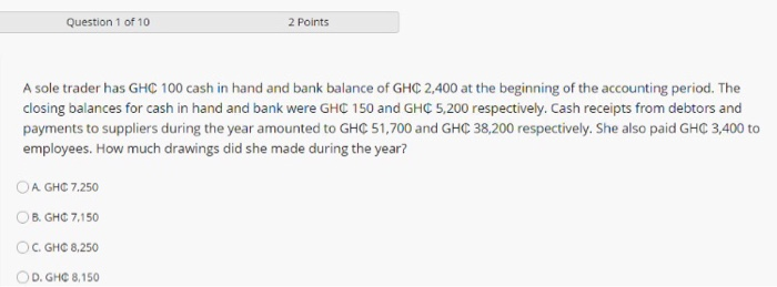 Solved Question 1 of 10 2 Points A sole trader has GHC 100 | Chegg.com