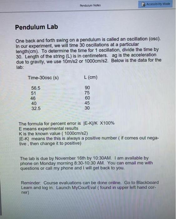 Solved Pendulum Notes Accessibility Mode Pendulum Lab One | Chegg.com
