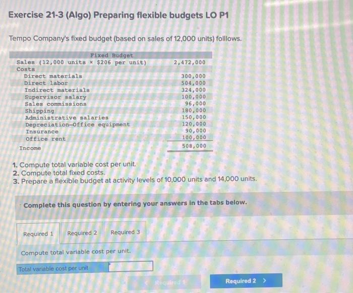 Solved Exercise 21-3 (Algo) Preparing flexible budgets LO P1 | Chegg.com