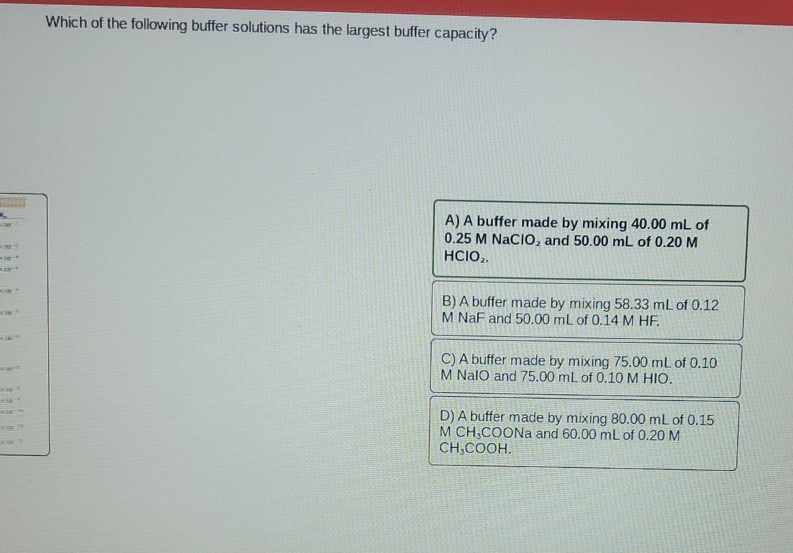 Solved Which of the following buffer solutions has the | Chegg.com