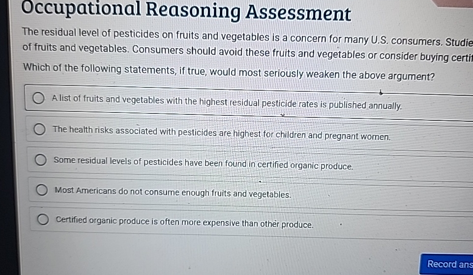 Solved Occupational Reasoning AssessmentThe residual level | Chegg.com