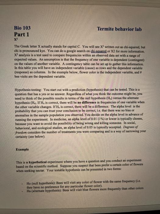 Solved Bio 103 Termite behavior lab Part 1 X The Greek | Chegg.com