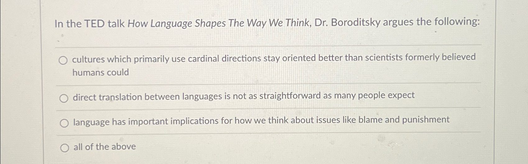 Solved In the TED talk How Language Shapes The Way We Think, | Chegg.com