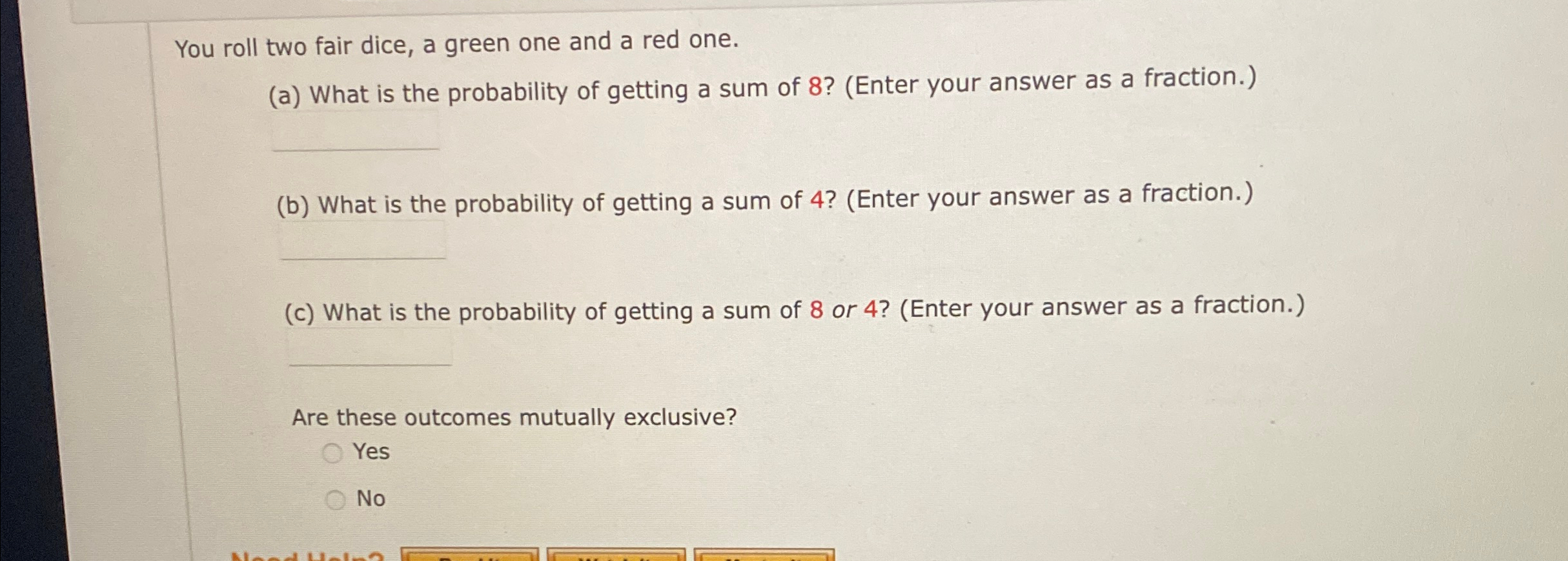 Solved You roll two fair dice, a green one and a red one.(a) | Chegg.com