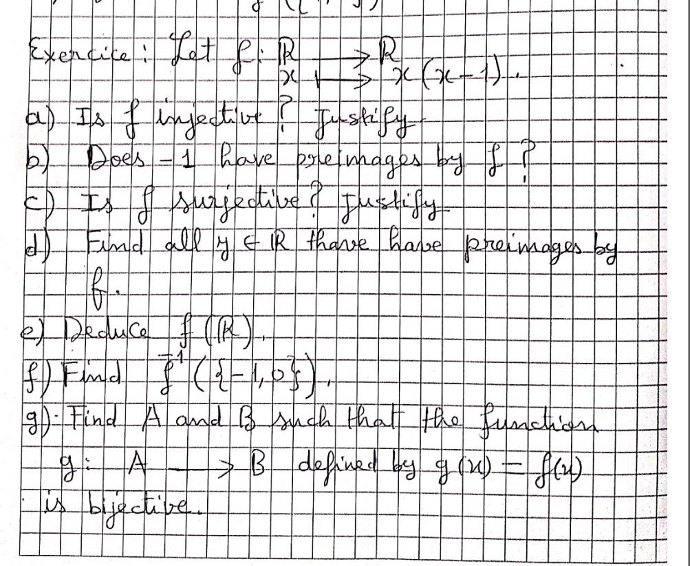 Solved Exercice: Letf:R→R→x(x−1) a) Is y injective? Jusfify. | Chegg.com