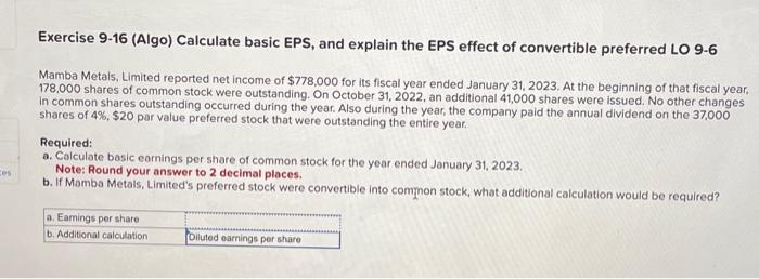 Solved Exercise 9-16 (Algo) Calculate basic EPS, and explain | Chegg.com