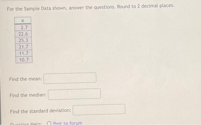 Solved For the Sample Data shown, answer the questions. | Chegg.com