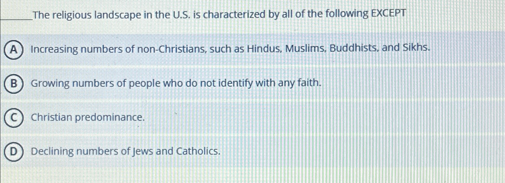 Solved The religious landscape in the U.S. ﻿is characterized | Chegg.com