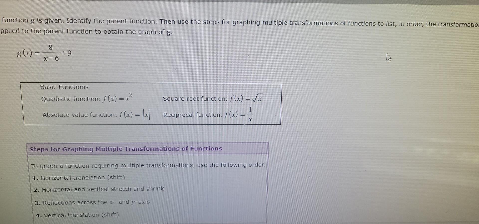 Solved function g is given. Identify the parent function. | Chegg.com