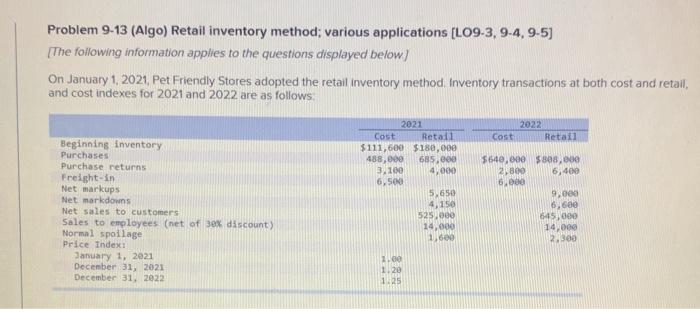 Solved Problem 9-13 (Algo) Retail inventory method; various | Chegg.com