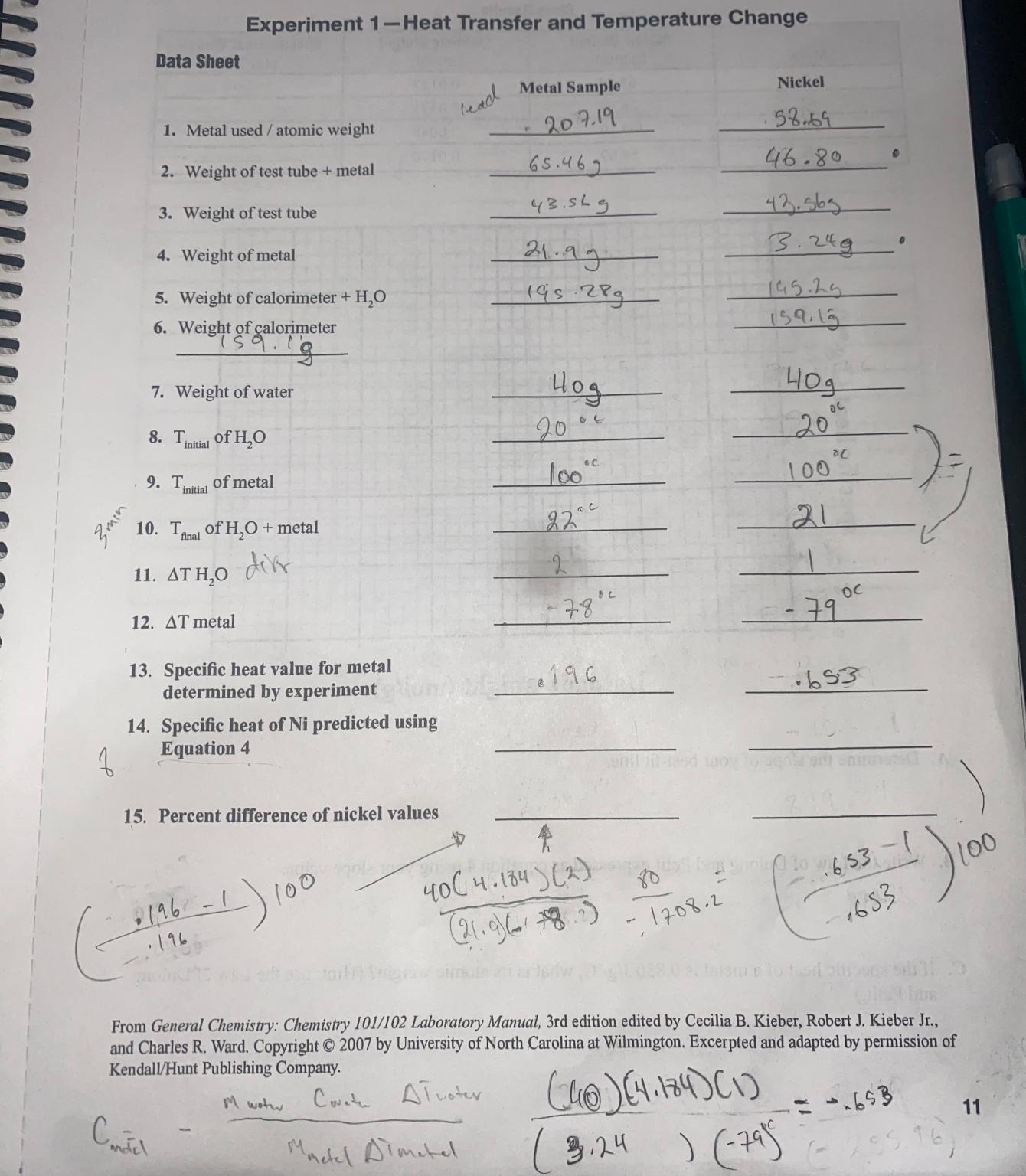 Experiment 1-Heat Transfer and Temperature ChangeData | Chegg.com