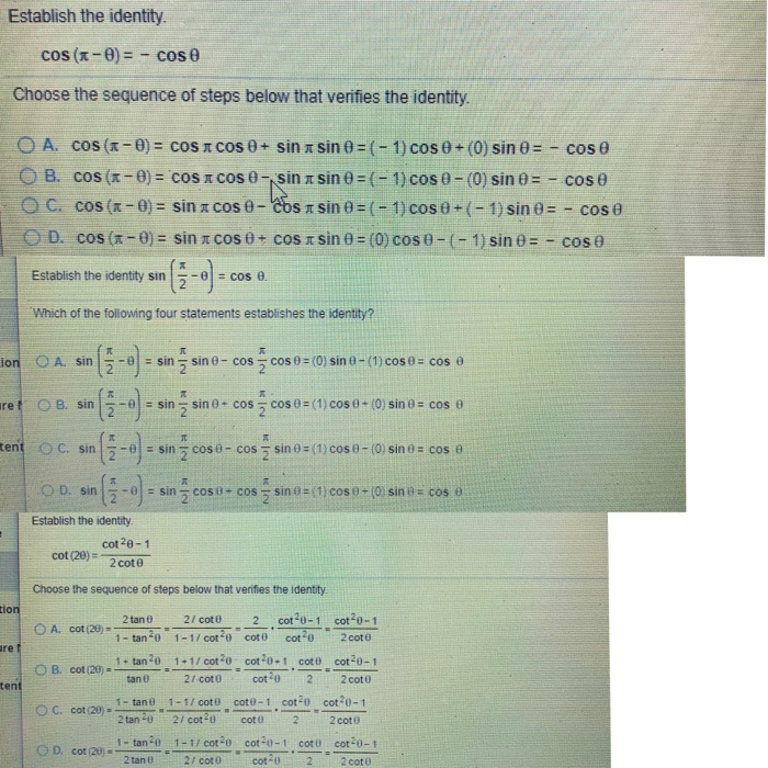 Solved Establish the identity. cos (1 - 0) = - cos 0 Choose | Chegg.com