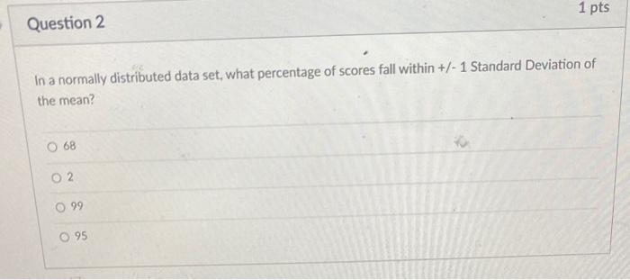Solved 1 pts Question 2 In a normally distributed data set, | Chegg.com