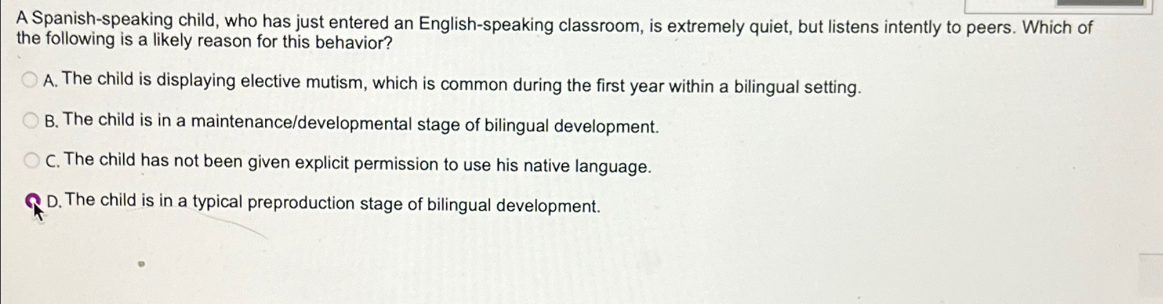 Solved A Spanish-speaking child, who has just entered an | Chegg.com