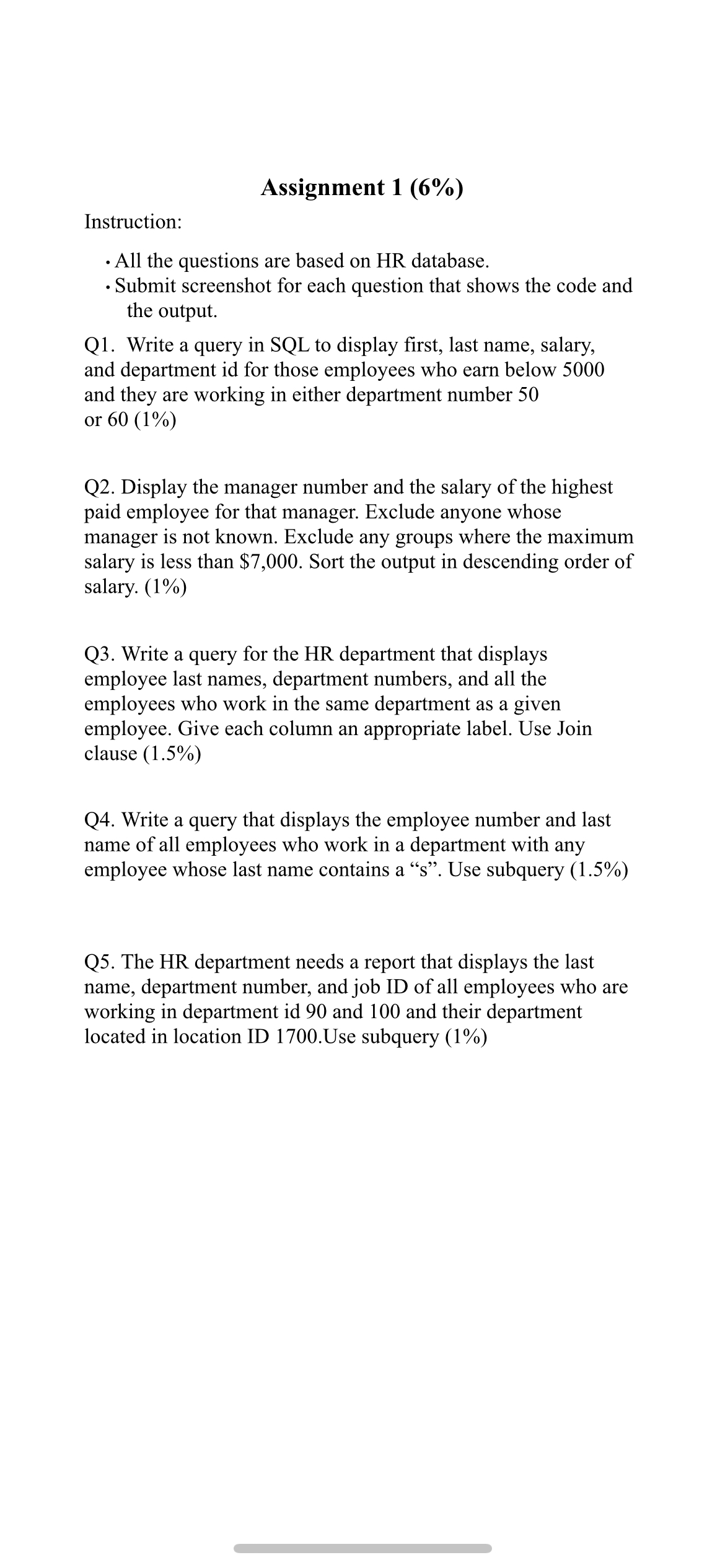 Solved Assignment 1 (6%)Instruction:All the questions are | Chegg.com